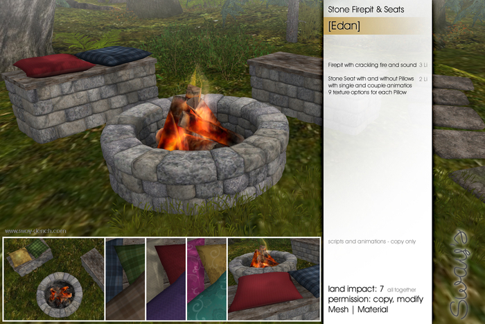 Second Life Marketplace - Sway's [Edan] Stone Firepit & Seats